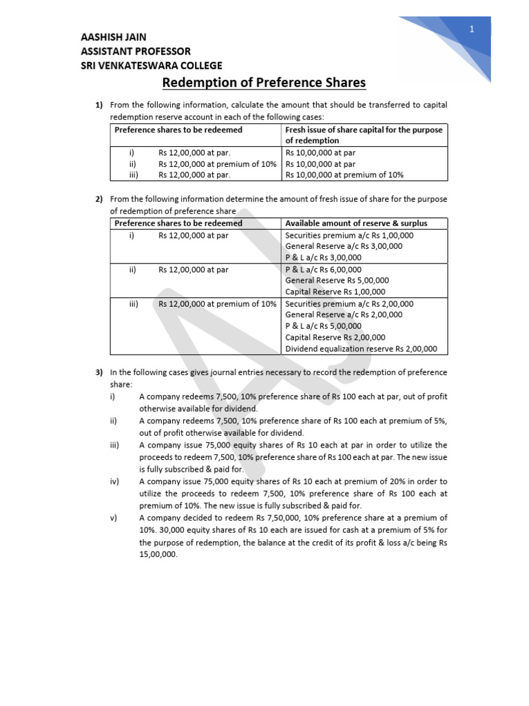 Redemption of Preference Shares Guide | PDF | Equity (Finance) | Balance Sheet