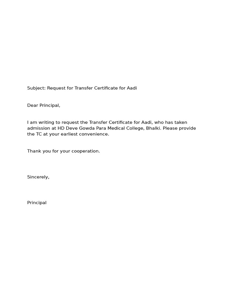 Transfer Certificate Request for Aadi | PDF