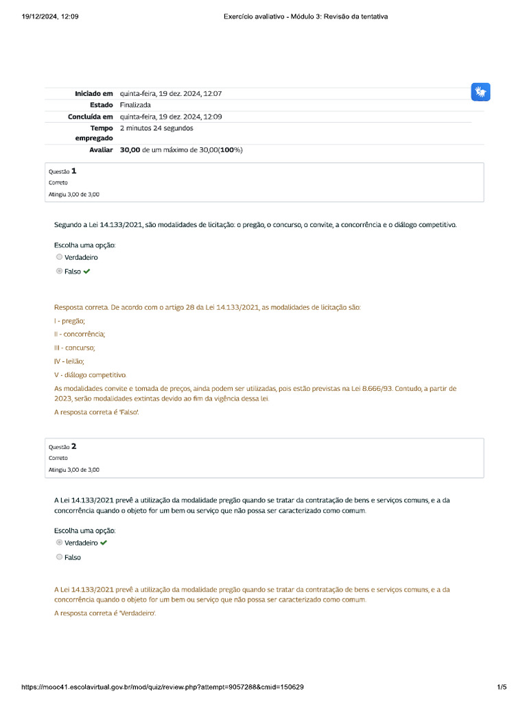 Modulo 3 Licitacoes Publicas e Nova Lei de Licitacoes Respostas 100 | PDF