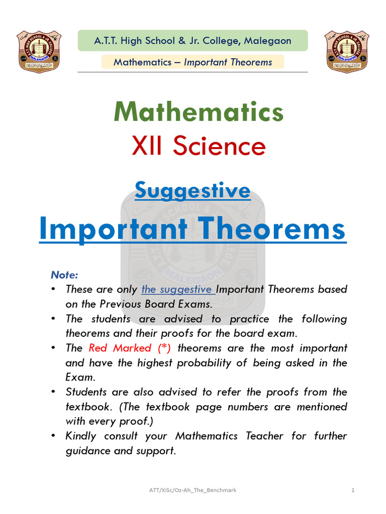 XII Sci. Maths Important Theorems With Proof (C) | PDF | Trigonometric Functions | Integral