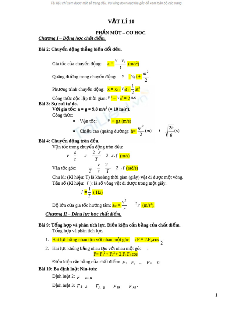 Tong Hop Cac Cong Thuc Vat Li 10 5512 | PDF