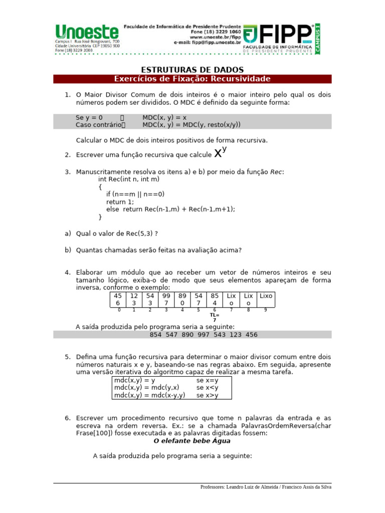 Exercícios de Recursividade em Programação | PDF | Algoritmos ...