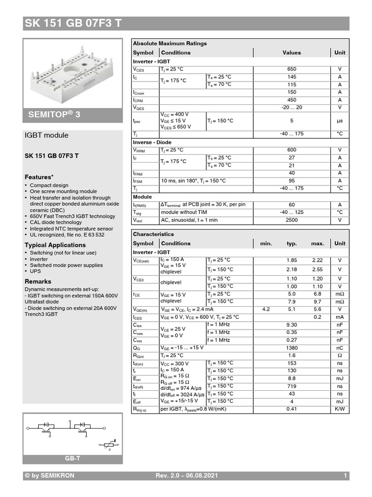 SEMIKRON DataSheet SK 151 GB 07F3 T 24919750 | PDF | Electrostatic ...