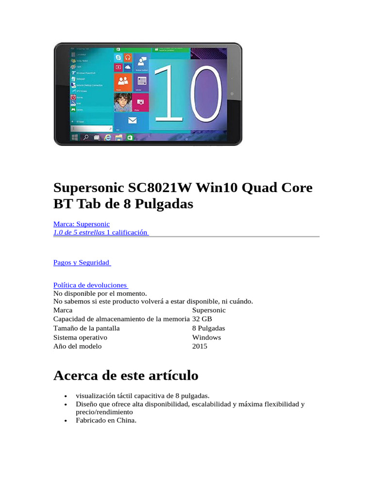 Supersonic SC8021W Win10 Quad Core BT Tab de 8 Pulgadas - Ivan | PDF | Windows 10 | Microprocesador