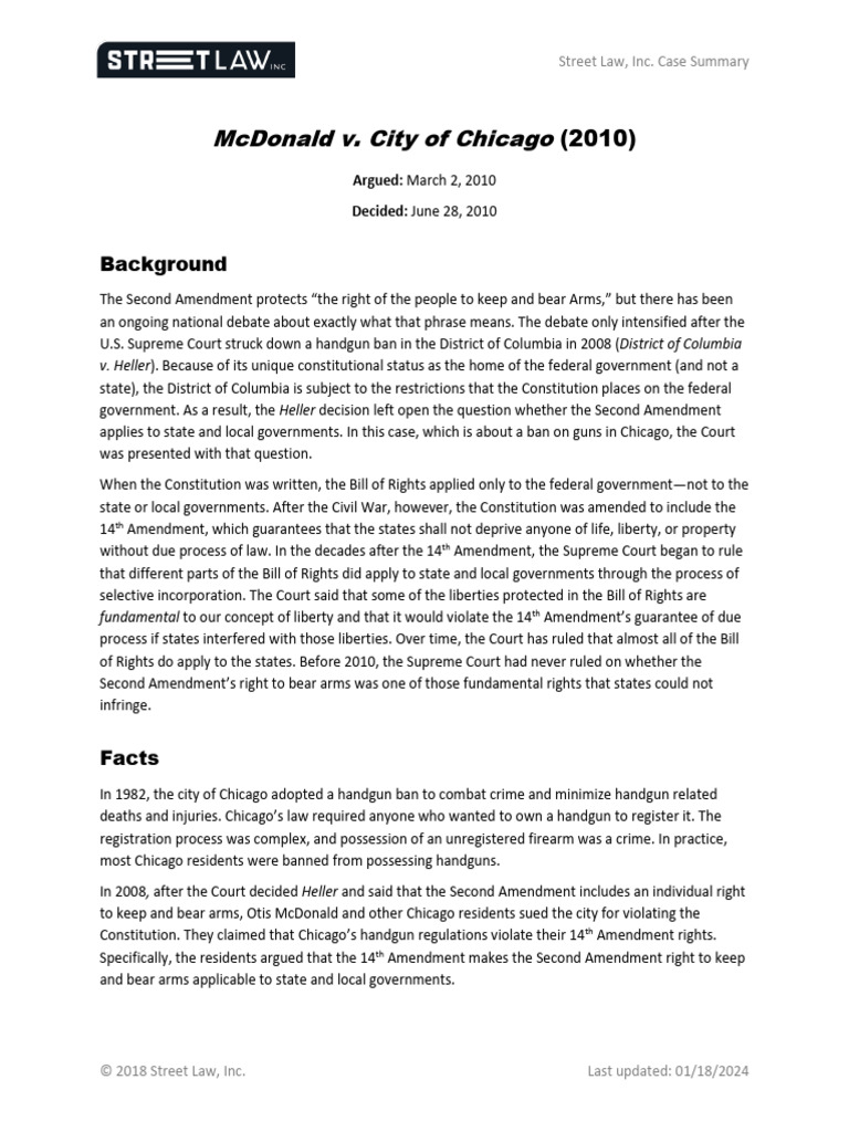 Mcdonald V Chicago Case Summary Streetlaw | PDF | Second Amendment To ...