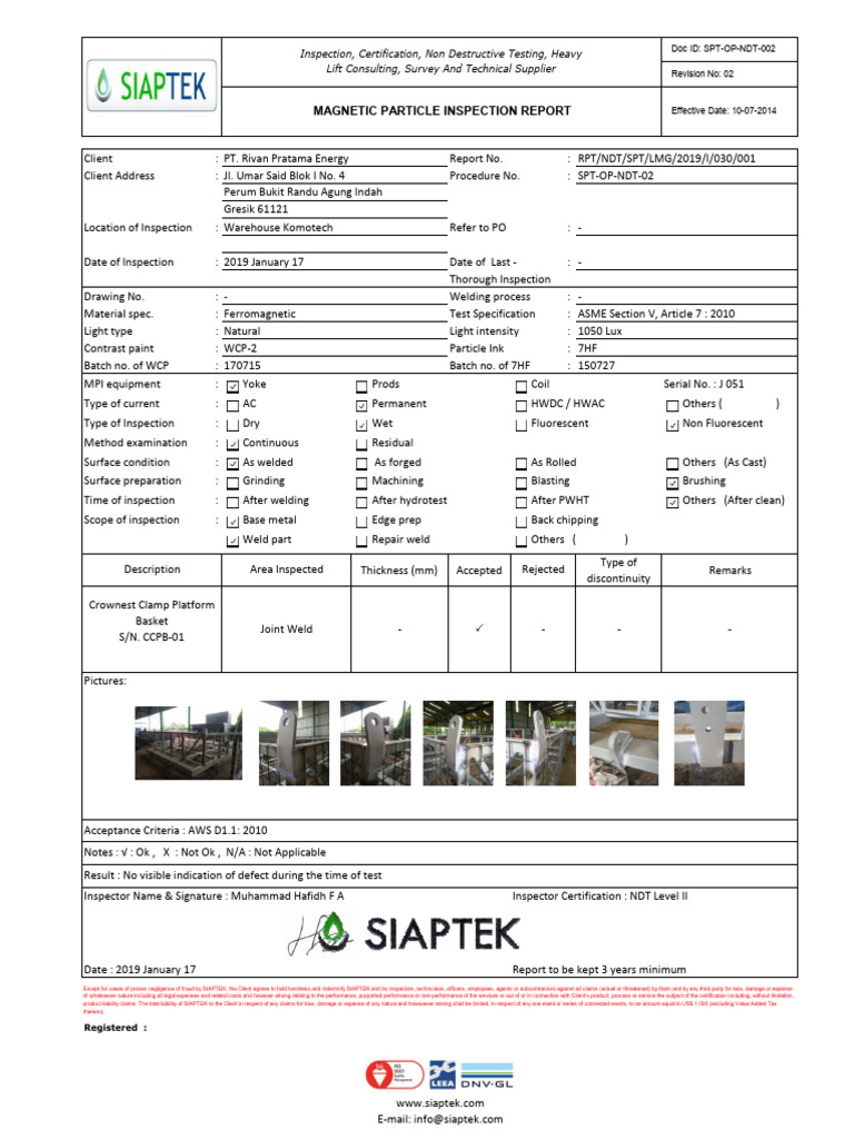 Magnetic Particle Inspection Report | PDF | Welding | Construction