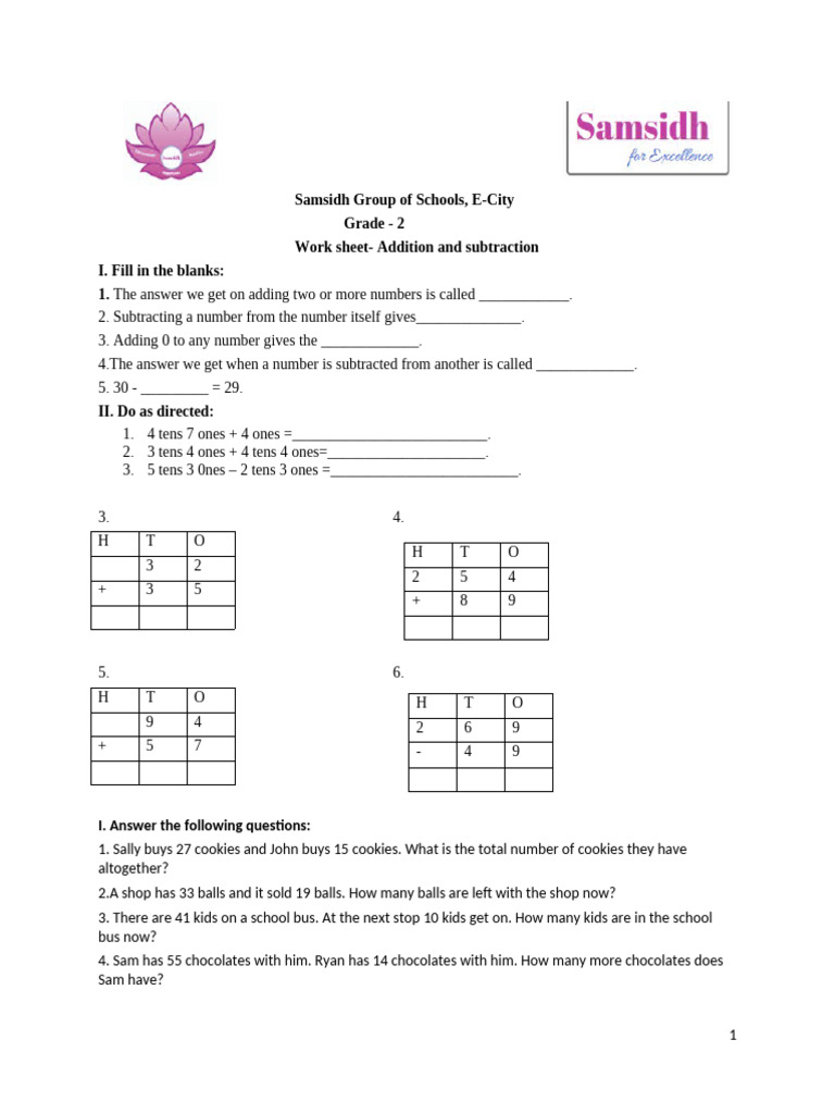 Grade - 2 Math - Addition & Subtraction Ws | PDF