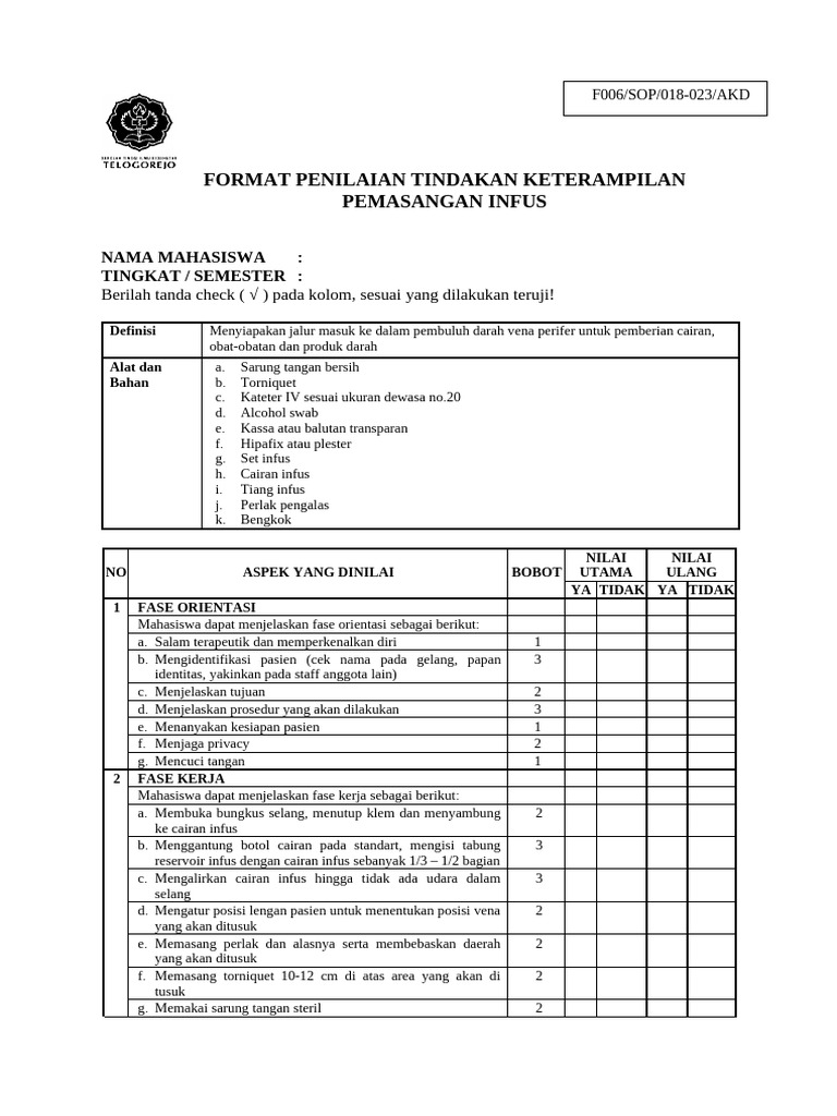 Panduan Penilaian Pemasangan Infus | PDF