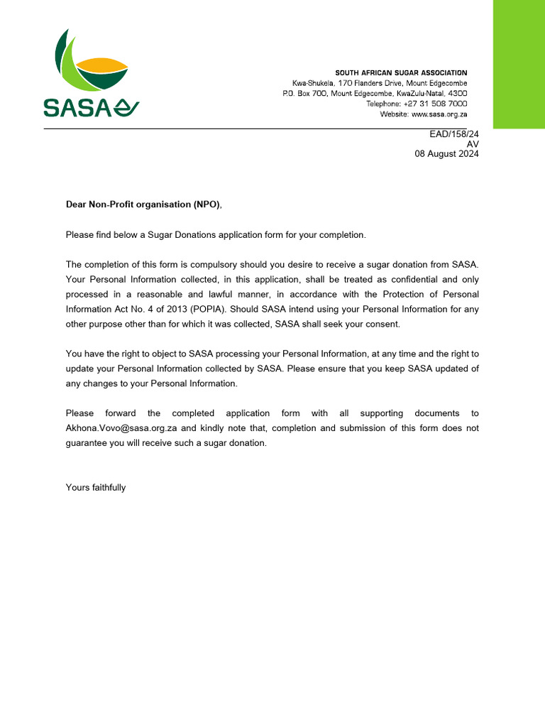 Sugar Donations 2024-2025 Application Form - POPI | PDF