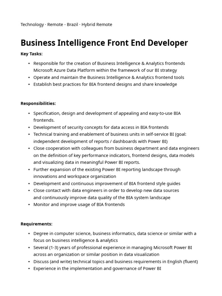 Business Intelligence Front End Developer JD | PDF | Business ...