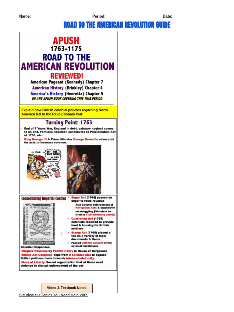 Period 3 Road to American Revolution Note Guide | PDF