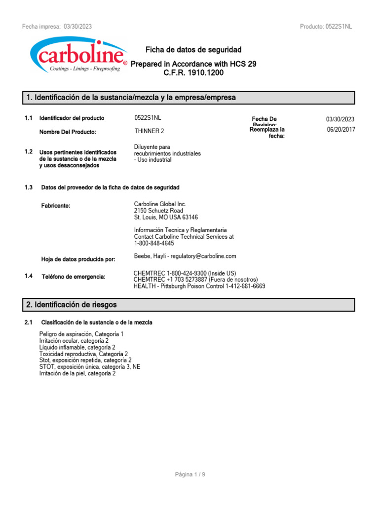 Thinner 2 GHS SDS - Spanish 3-30-2023 | PDF | Seguridad y salud ocupacional