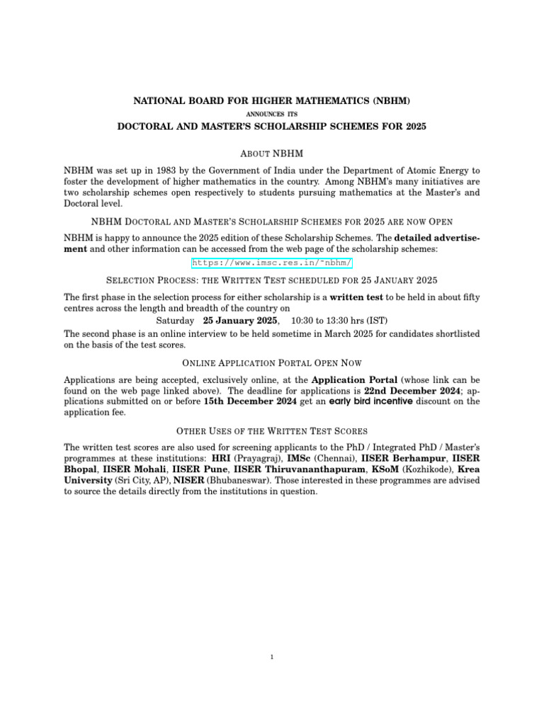NBHM 2025 Scholarship and Admission Info | PDF