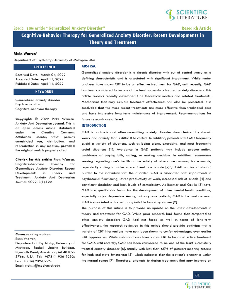 Cognitive-Behavior Therapy For GAD | PDF | Cognitive Behavioral Therapy | Generalized Anxiety ...