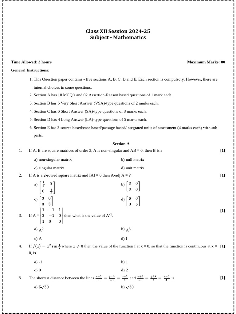Sample Paper 1 | PDF | Matrix (Mathematics) | Functions And Mappings