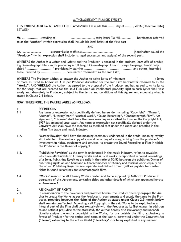 Lyricist Agreement Final | PDF | Royalty Payment | Copyright