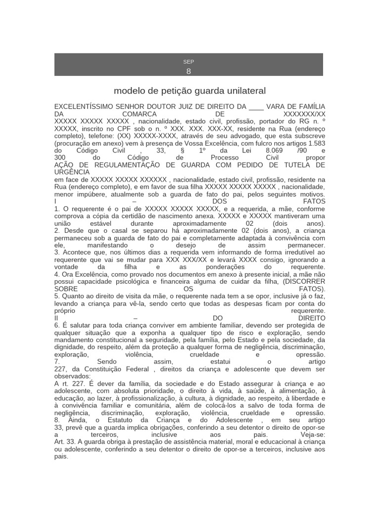 Modelo de Petição de Guarda Unilateral | PDF | Família | Adoção