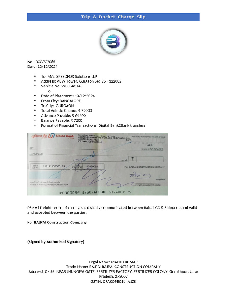 Vehicle Charge Slip for Freight Transfer | PDF