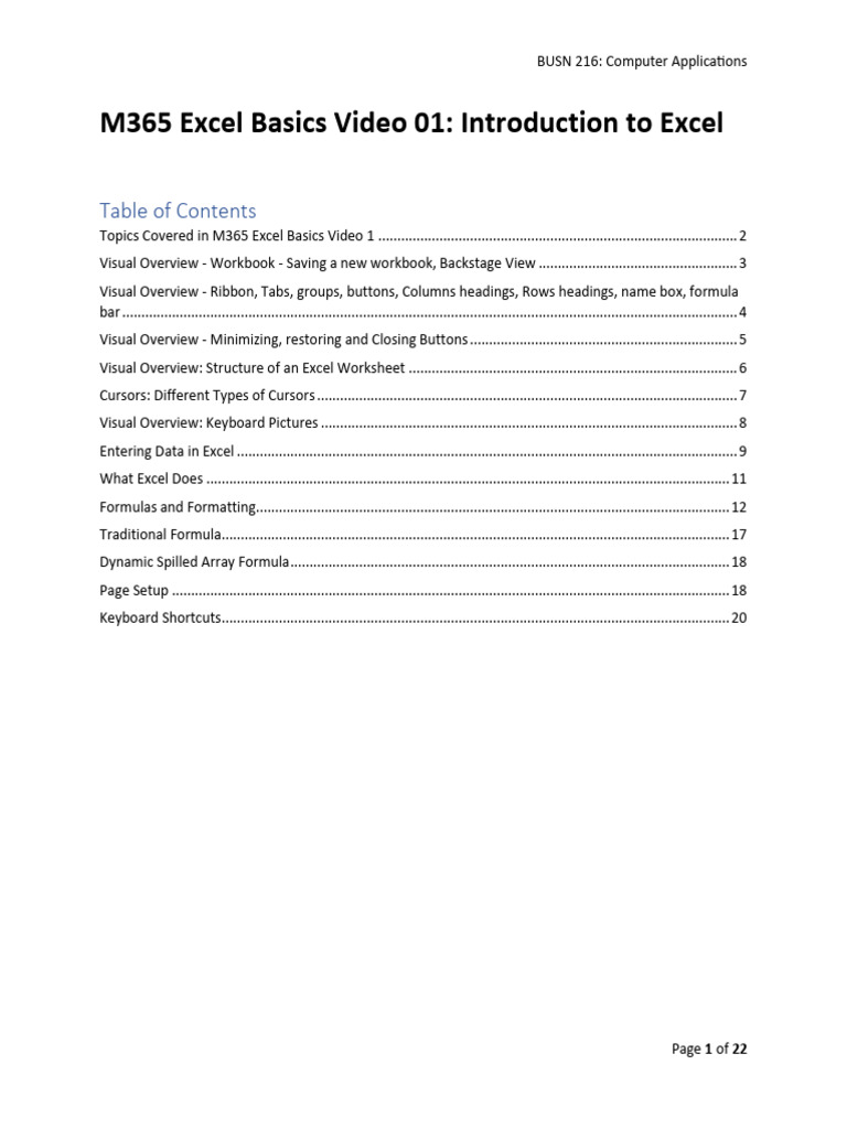 M365 Excel Basics Video 01 - Introduction To Excel Handout Notes | PDF ...