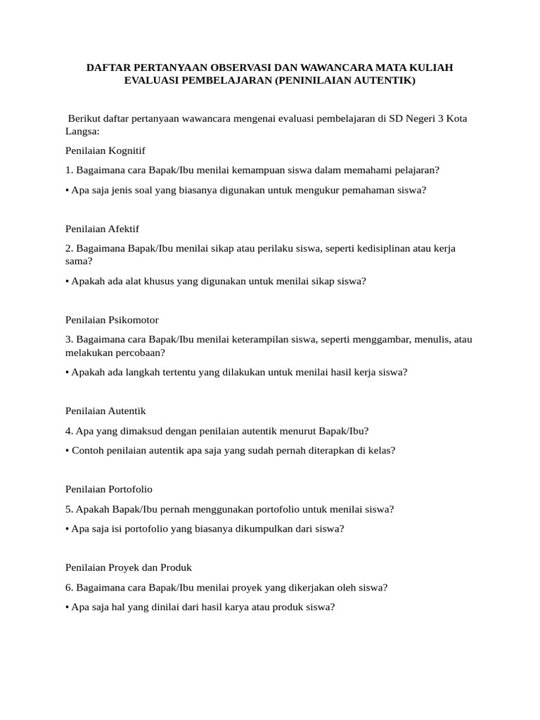 Daftar Pertanyaan Observasi Dan Wawancara Mata Kuliah Evaluasi Pembelajaran | PDF