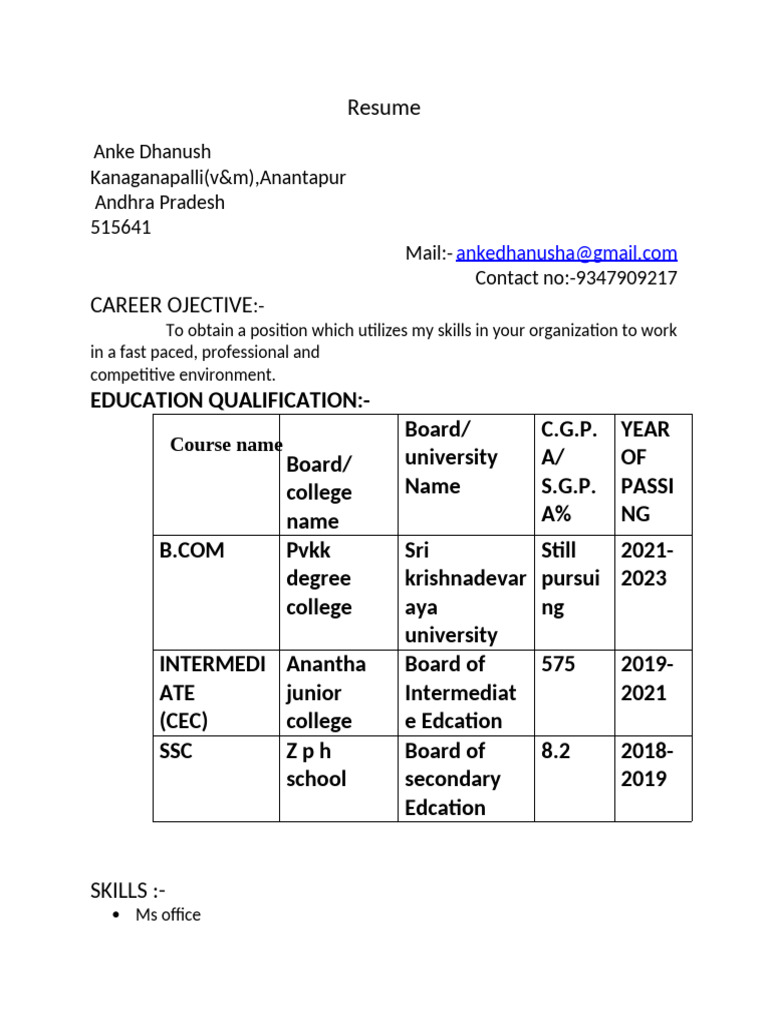 Dhanush Resume | PDF