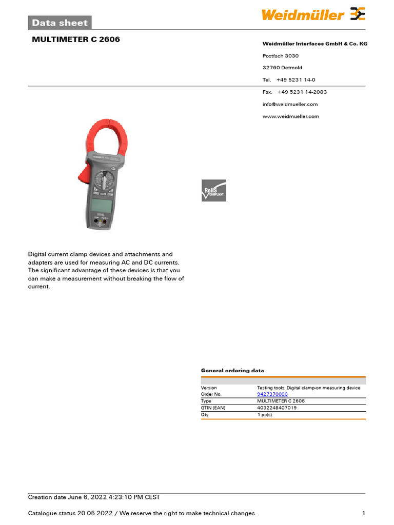 Weidmüller MULTIMETER C 2606 Data Sheet | PDF | Electronics ...