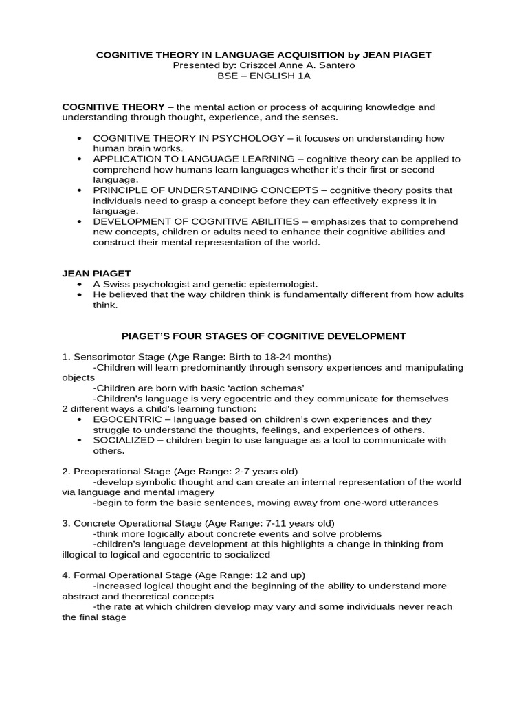 Cognitive Theory in Language Acquisition by Jean Piaget | PDF | Thought ...