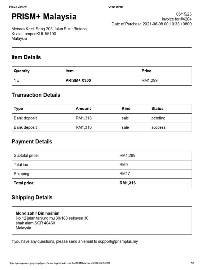 PRISM+ Malaysia Order #4204 | PDF