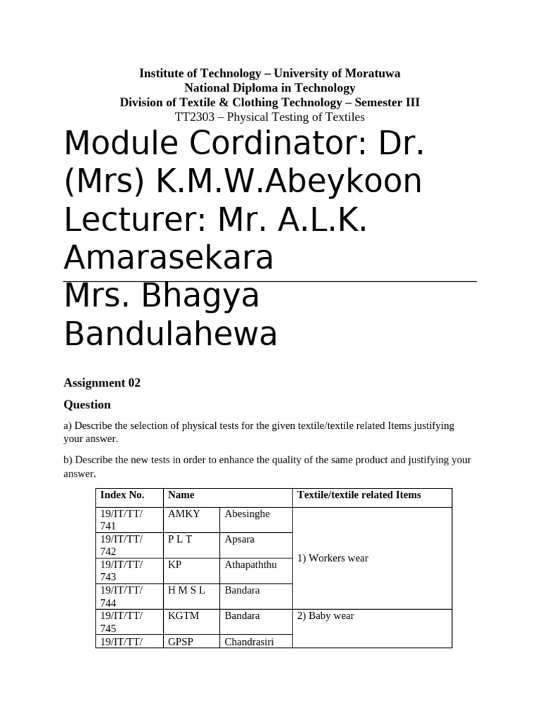 Physical Testing of Textiles Assignment | PDF | Materials | Clothing ...