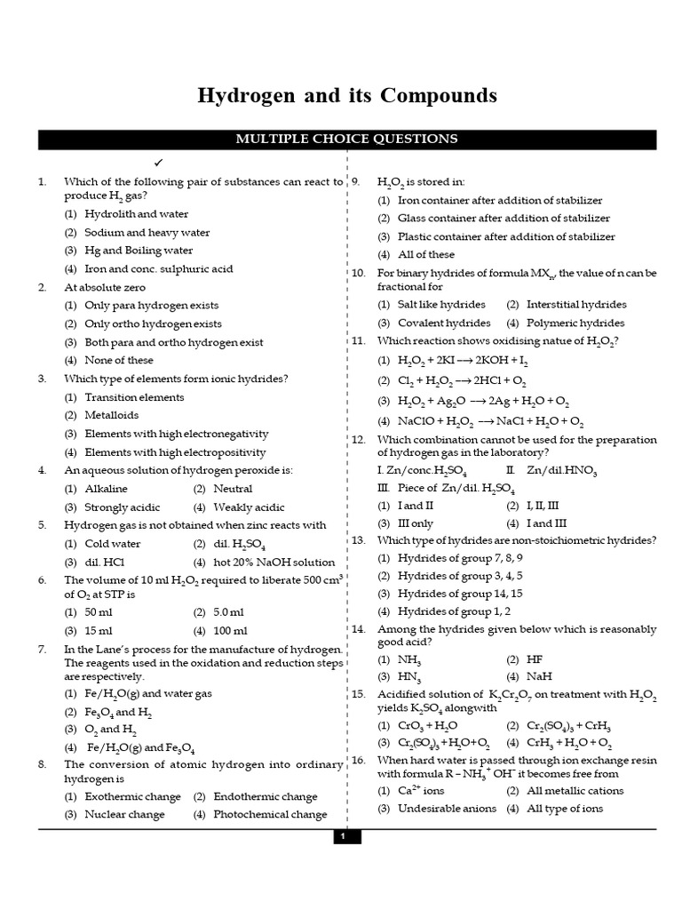 Hydrogen Chemistry MCQs: Inorganic XI | PDF | Hydride | Hydrogen