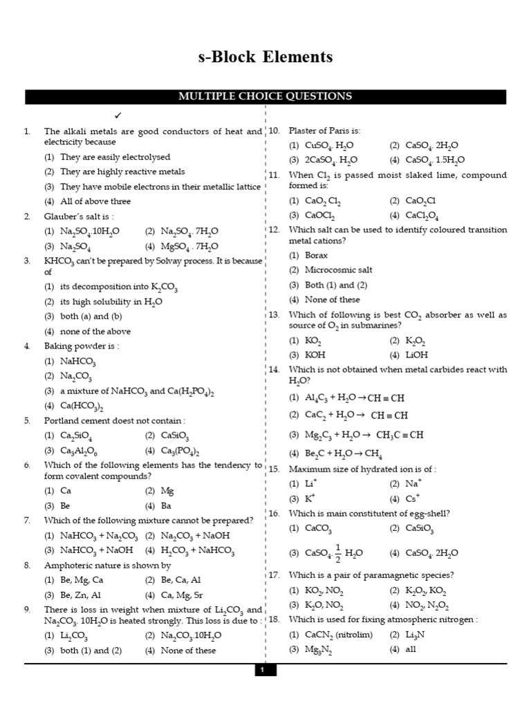 Inorganic Chemistry MCQs on s-Block Elements | PDF | Hydroxide | Sodium