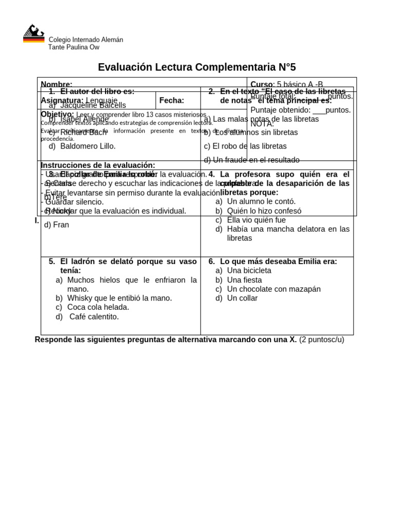 Evaluación de Lenguaje lectura complementaria 13. casos | PDF
