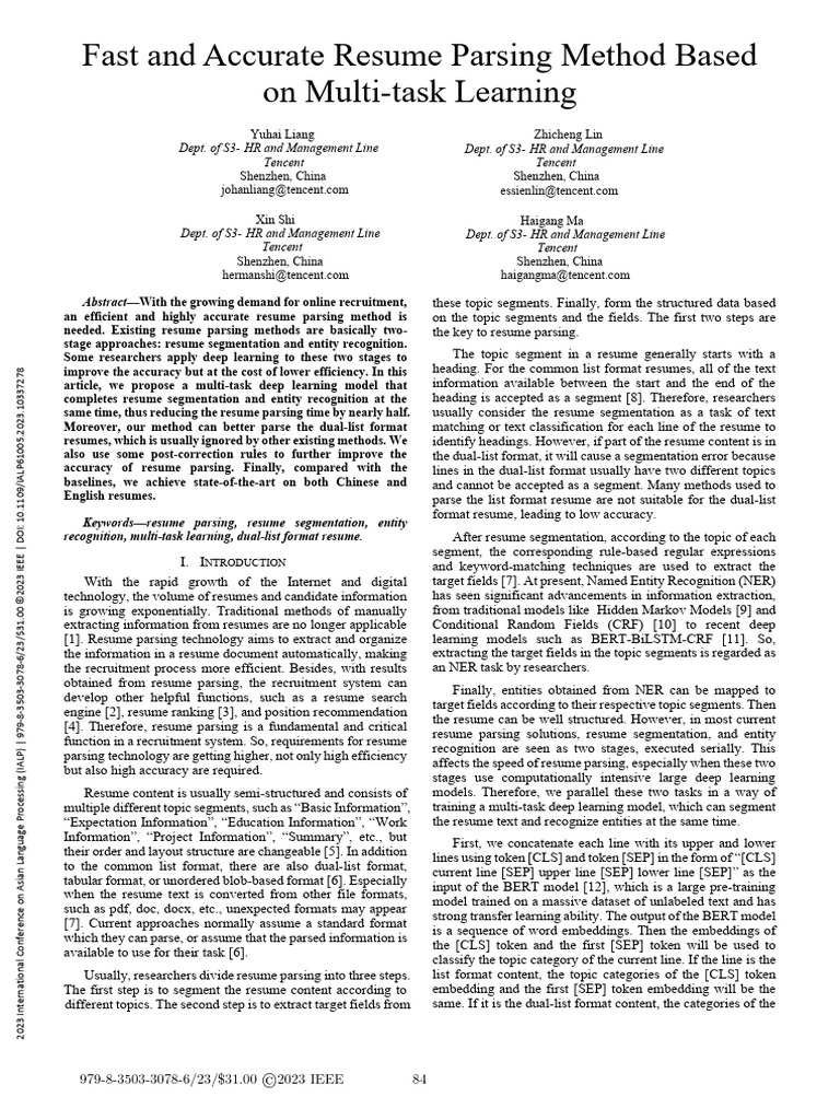 Fast and Accurate Resume Parsing Method Based On Multi-Task Learning | PDF | Statistical ...