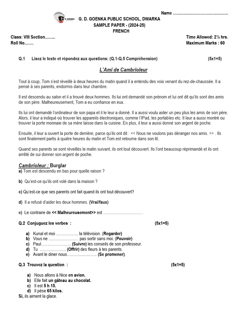 Examen de français - Classe VIII 2024-25 | PDF | Linguistique
