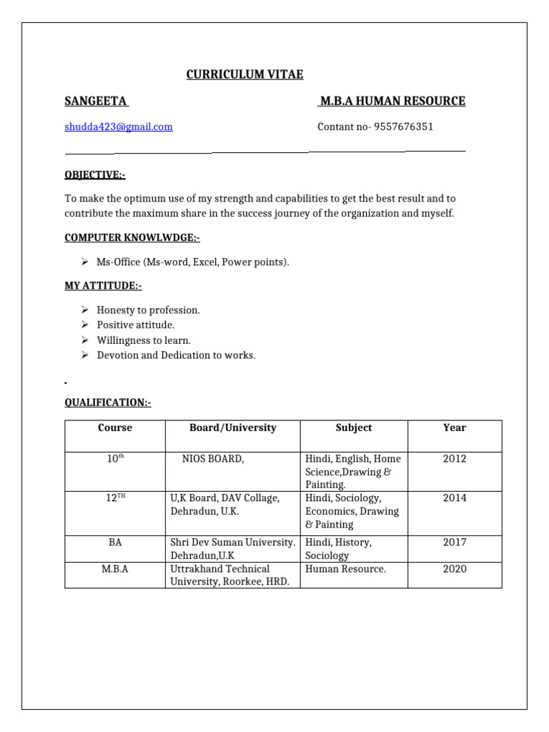 Curriculum Vitae Sangeeta M.B.A Human Resource | PDF | Science | Business