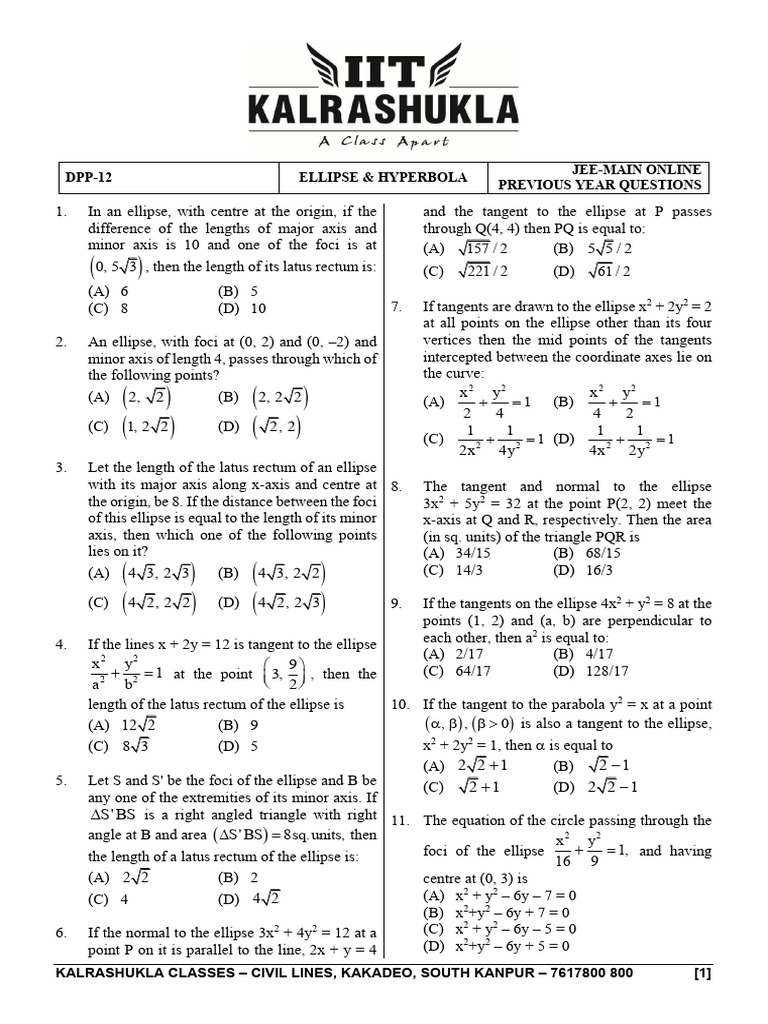 DPP 12 Ellipse and Hyperbola From JEE MAIN Online 2023 24 | PDF | Ellipse | Perpendicular