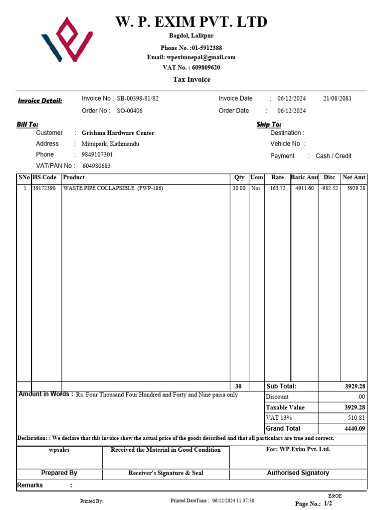 Inv 00398 - Grishma Hardware Center | PDF | Invoice | Value Added Tax
