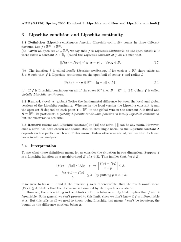 3 Lipschitz Condition and Lipschitz Continuity: 3.4 Interpretation ...