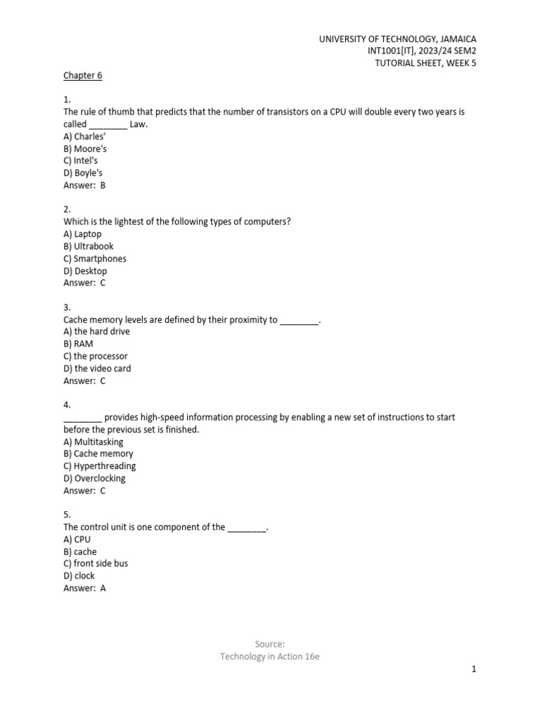 INT1001 (IT), Tutorial Sheet, Week 5, Tutor Version | PDF | Computer ...
