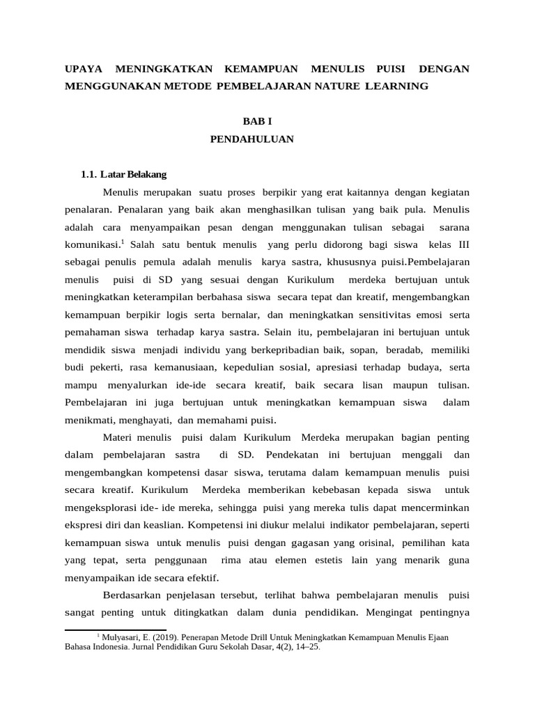 UPAYA MENINGKATKAN KEMAMPUAN MENULIS PUISI DENGAN MENGGUNAKAN METODE PEMBELAJARAN NATURE ...
