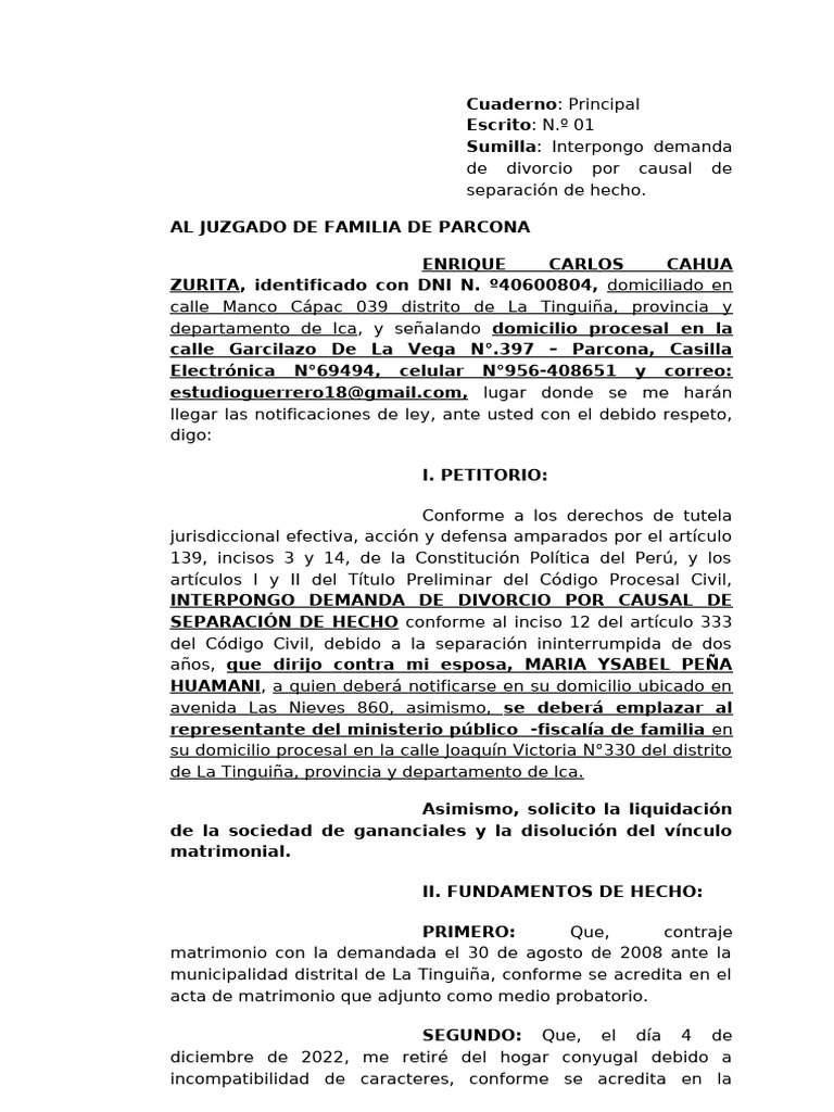 ENRIQUE CARLOS CAHUA ZURITA demanda de divorcio por causal de separacion de hecho (1) | PDF ...
