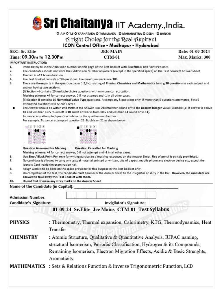 01-09-24_Sr.Elite_Jee Mains_CTM-01_Q,Paper-K | PDF | Gases | Thermal Expansion