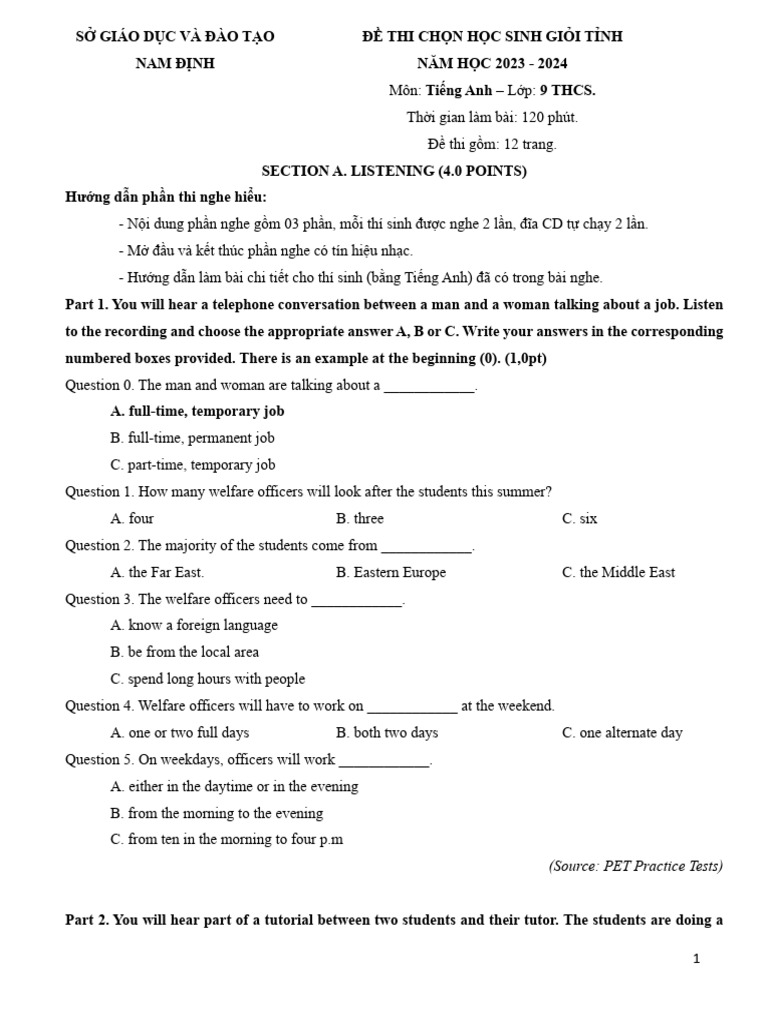 ĐỀ THI HSG ANH 9 NAM ĐỊNH 2023-2024 | PDF | Public Housing