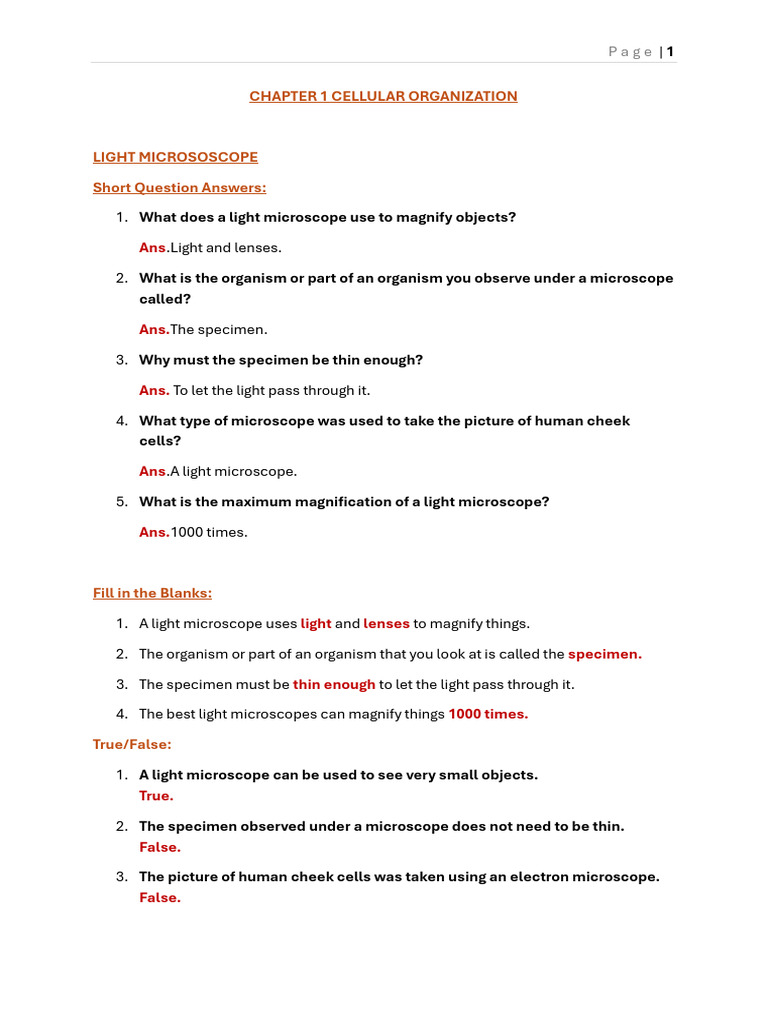 CHAPTER 1 CELLULAR ORGANIZATION - Light Vs Electron Microscope | PDF ...