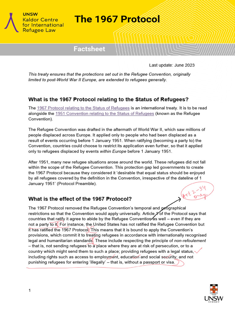 2023-09-Factsheet 1967 Protocol Jun2023 1 | PDF | Treaty | Refugee