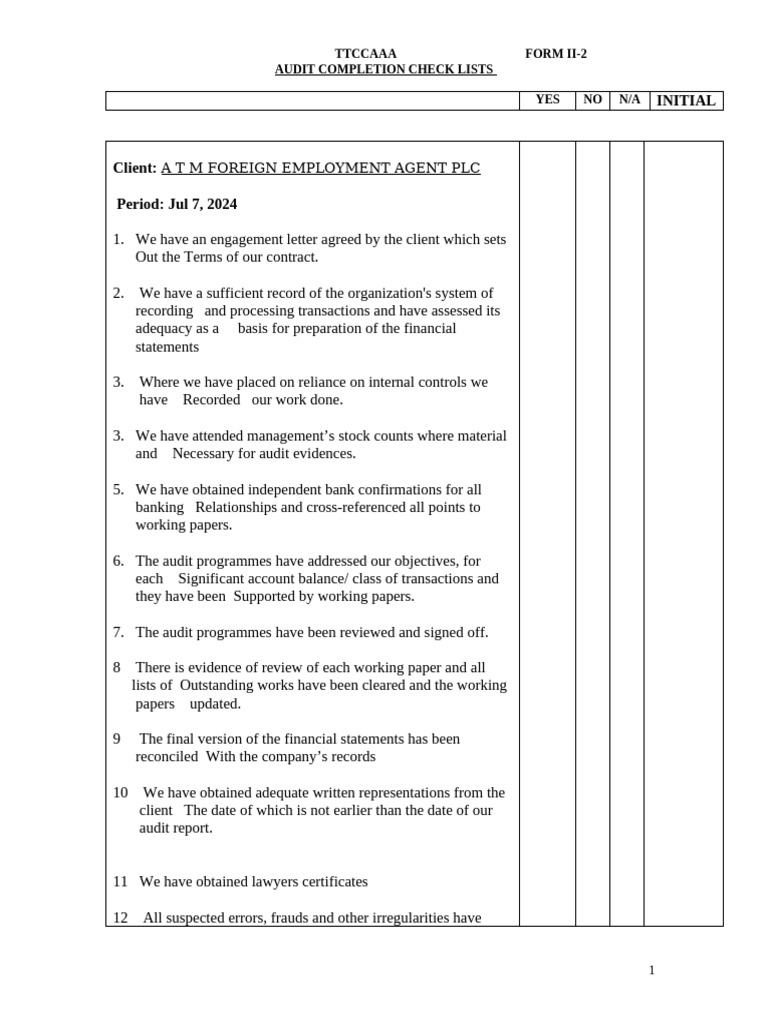 Audit Completion Checklist | PDF | Audit | Going Concern