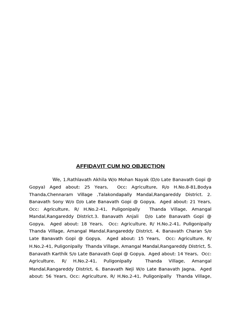 AFFIDAVIT CUM NO OBJECTION | PDF | Affidavit | Legal Procedure