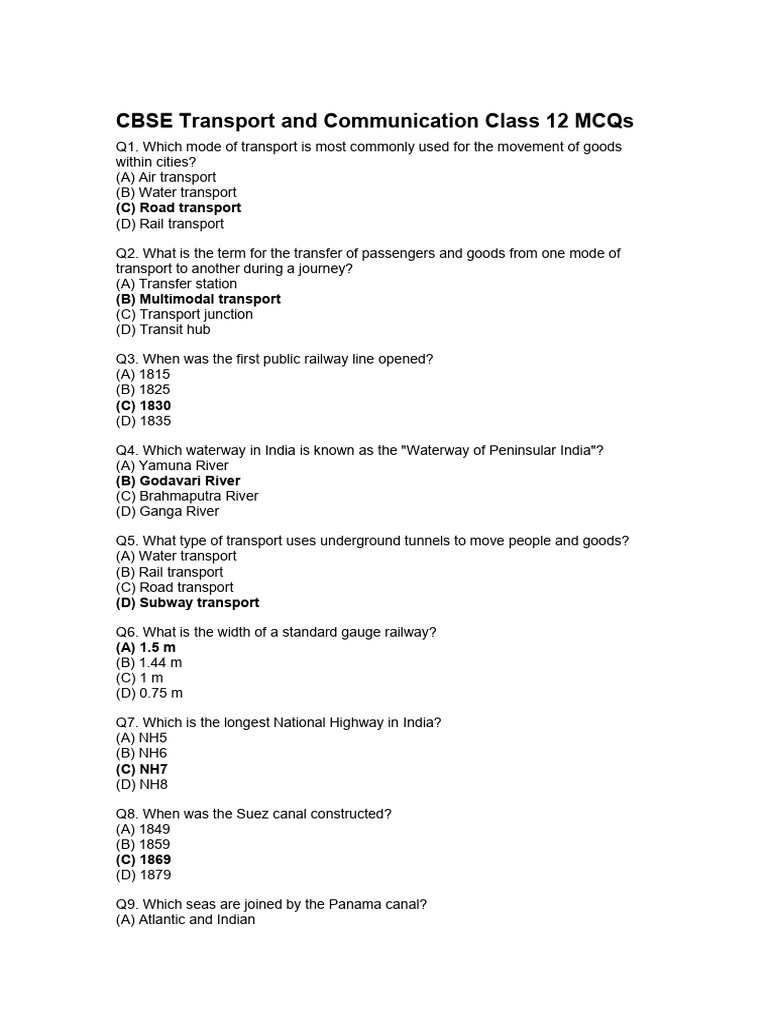 Cbse Transport and Communication Class 12 Mcqs | PDF