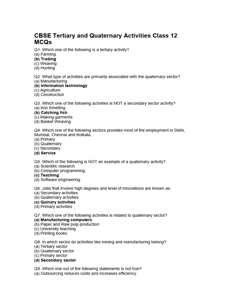 Cbse Tertiary and Quaternary Activities Class 12 Mcqs | PDF