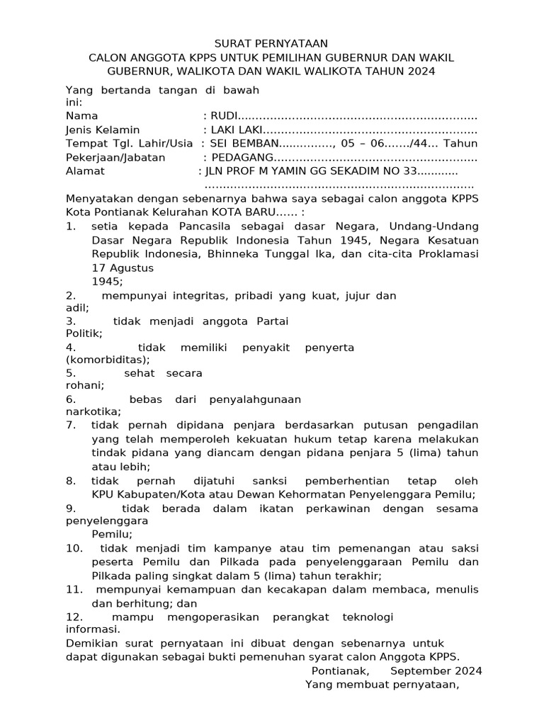 Pernyataan Calon KPPS 2024 | PDF